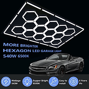soges Hexagon Led Garage Light,14 Grid Systems Led Shop Lights for Garage/Workshop/Car Detailing Shop/Salon with White Border, 6500K,64720LM,534W, AC 100-240V 95.7(W) x 190.5 (L) Inch