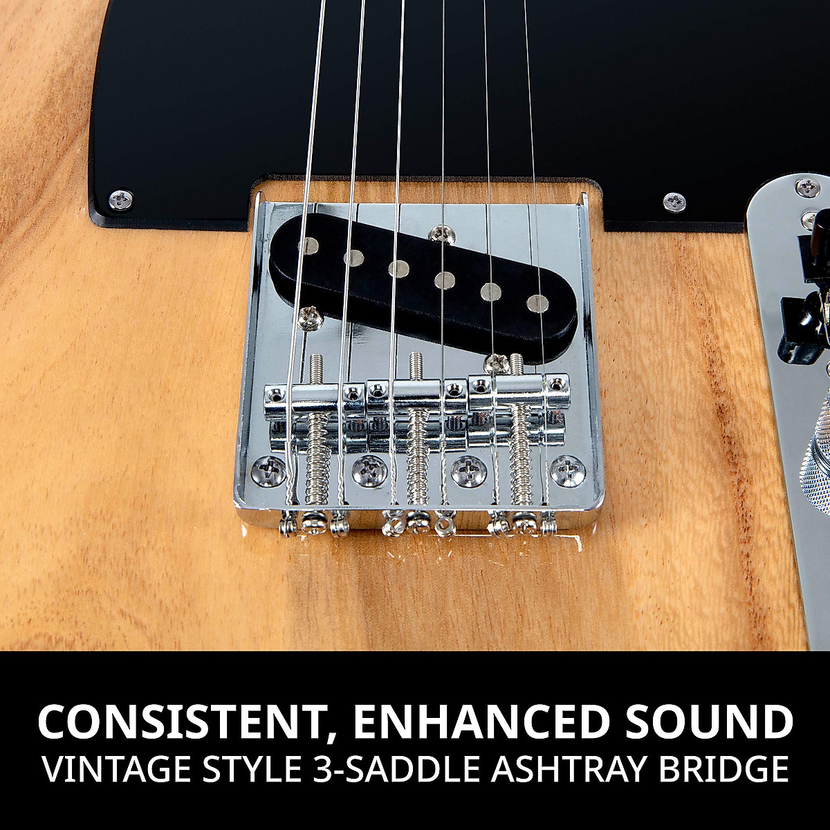 LyxPro 39” Electric Guitar TL Series, Full-Size Paulownia Wood Body, 3-Ply Pickguard, C-Shape Neck, Ashtray Bridge, Quality Gear Tuners, 3-Way Switch & Volume/Tone Controls, 2 Picks Included, Natural