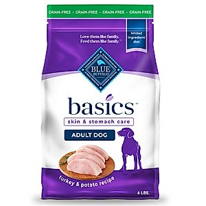 Blue Buffalo Basics Grain-Free Adult Dry Dog Food, Skin & Stomach Care, Limited Ingredient Diet for Dogs, Turkey Recipe, 4-lb. Bag