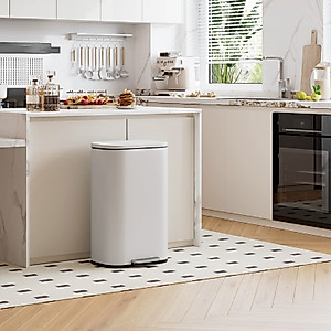 FINETONES Trash Can, Stainless Steel Garbage Can with Silent Lid, Durable Pedal & Inner Bucket, Pedal Garbage Bin for Kitchen Inside Outside (50L, White)