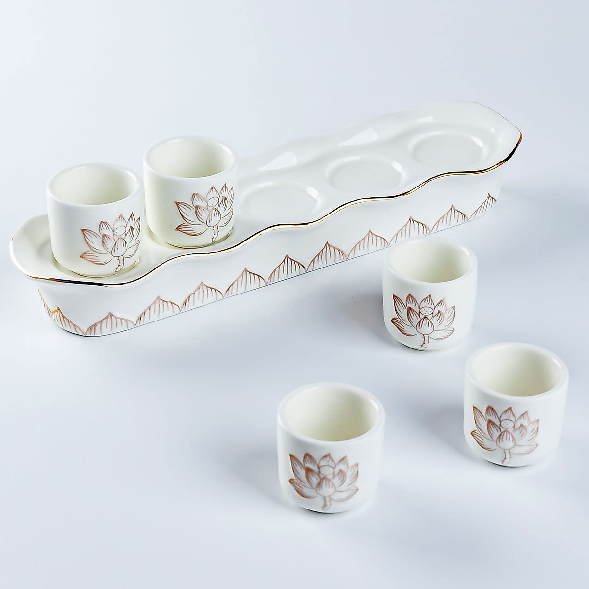Houlu 5 Altar Cups Set, Ceramic Holy Water Offering Cup, Tibetan Buddhist Worship Cup - White