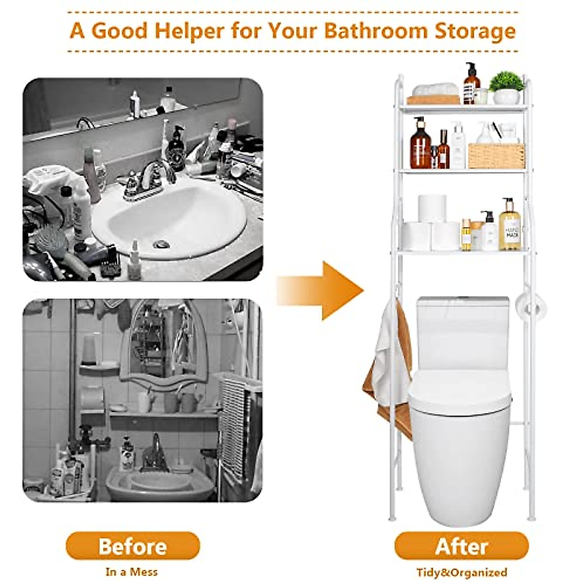 Over The Toilet Storage Rack,3-Tier Industrial Bathroom Storage Shelf With Steel Frame Above Toilet Storage Shelf Floor Free Standing Anti-Tilt Metal Frame Shelf Organizer Bathroom Furniture,White