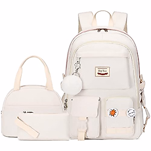Hey Yoo School Backpack for Girls Backpack with Lunch Box Teen Girl Backpack Set Cute School Bag Bookbag for Teen Girls (White)