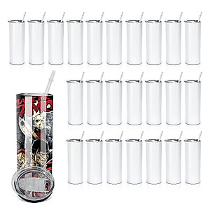 AGH Sublimation Tumblers Set of 25 Pack-20OZ Sublimation Blanks Straight Cup,Double Wall Vacuum Insulated Sublimation Tumblers with Straw,Polymer Coating for Heat Transfer