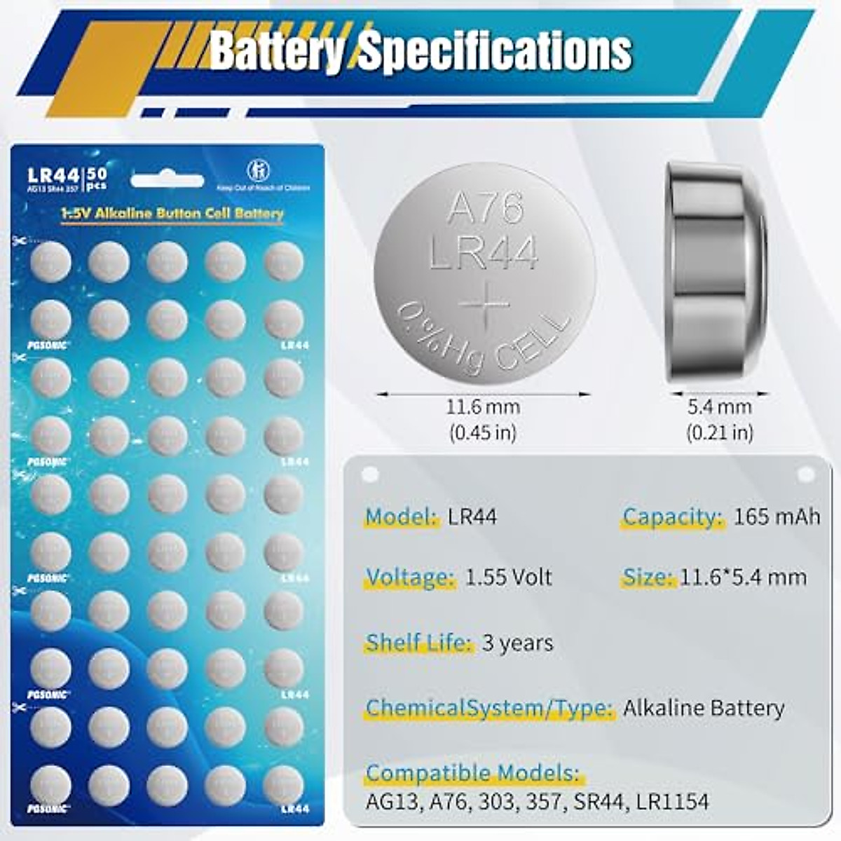 PGSONIC 50 Pack LR44 Batteries, 1.5 Volt Alkaline Button Cell Batteries with Long Lasting Power