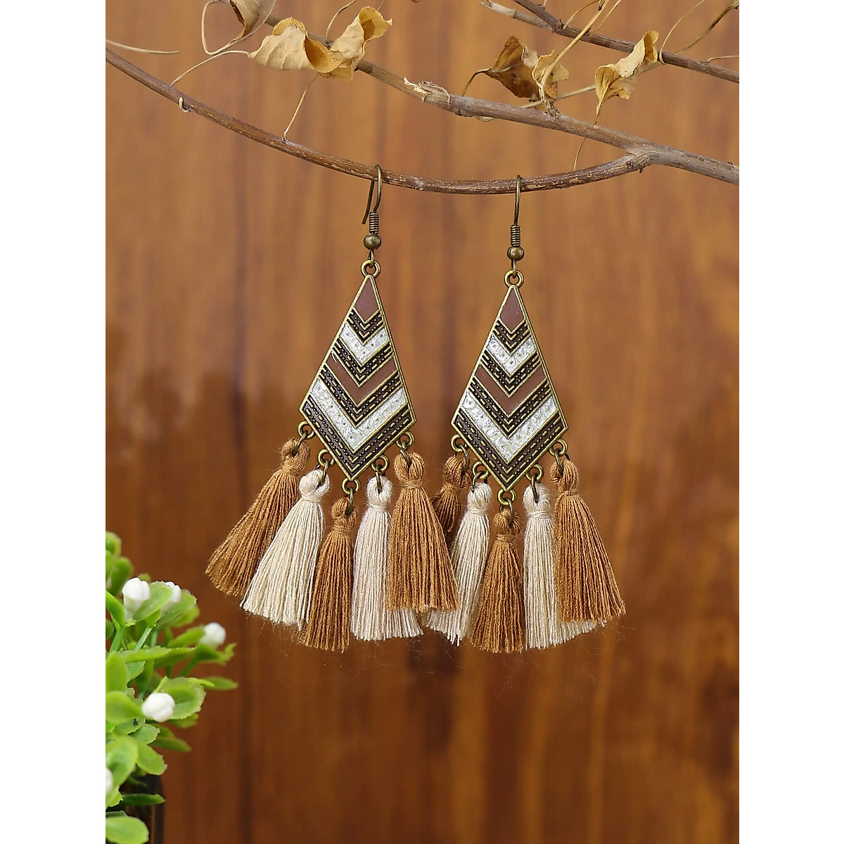 Verdusa Women's 3 Pairs Boho Tassel Earrings Set Khaki one-size
