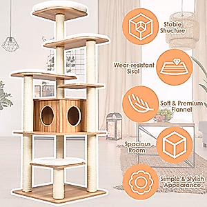 Tangkula Modern Wood Cat Tree, 69-Inch Cat Tower with Multi-Layer Platform, Tall Cat Tree with Sisal Rope Scratching Posts, Cat Condo Furniture w/Washable Plush Cushions for Large Cats Kittens
