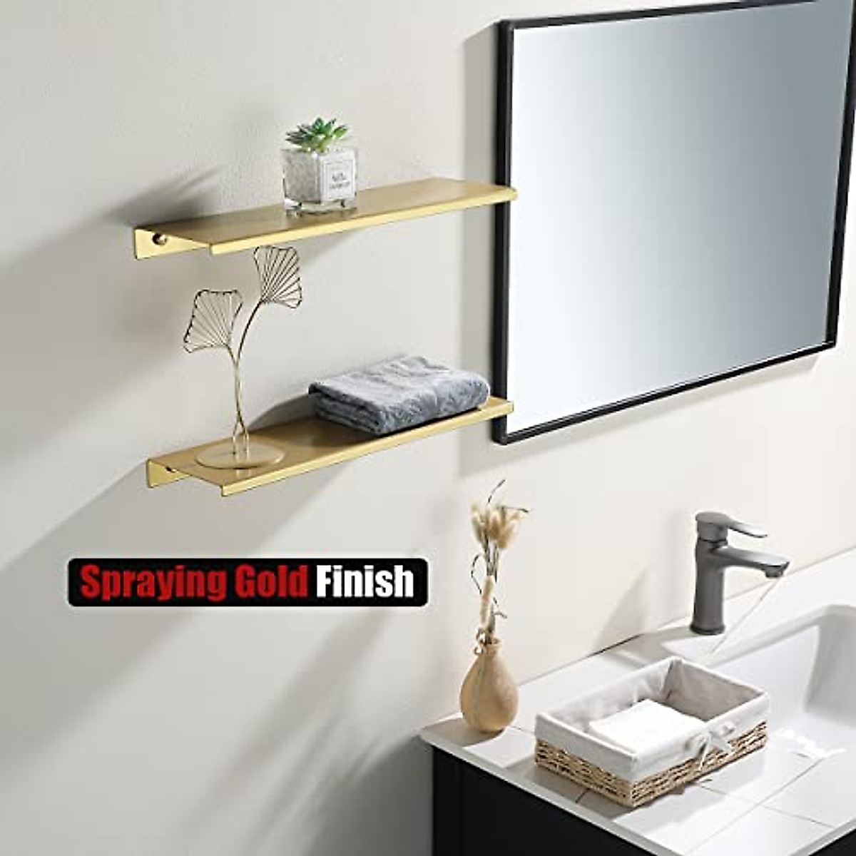 JQK Floating Shelves, Gold Wall Shelves for Bathroom/Living Room/Bedroom/Kitchen Decor, Wall Mounted Set of 2, 16 Inch Metal Golden, FSL16-BG-P2