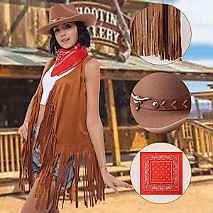PARTTELY Western Cowgirl Outfits for Women, 70s Hippie Costume Cowgirl Tassels Fringe Vest, Cowboy Hat for Women, Bandana