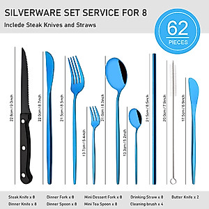Uniturcky 62-Piece Blue Flatware Set for 8 Stainless Steel Silverware Set with Steak Knives, Plus Reusable Metal Straws and Butter Knives, Party Tableware Cutlery Set, Mirror Polished