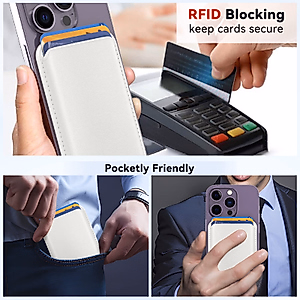 MARETU Magnetic Wallet Card Holder with Mag Safe, Leather Phone Wallet for iPhone 15 14 13 12 Pro/Pro Max/Plus/Mini, Magnetic Card Holder for Back of iPhone 15/14/13/12 Series, White