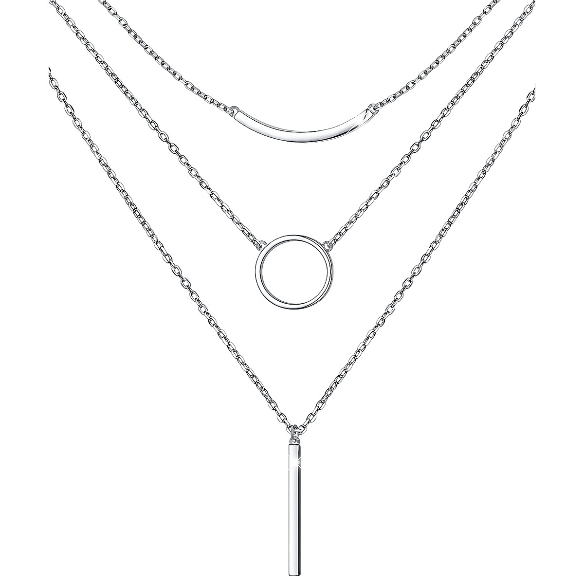 Boho Sterling Silver Dainty Layered Triple Layer Long Stacked Lariat Choker Stack Necklaces for Women Bar Circle Multi 3 Layering Chains