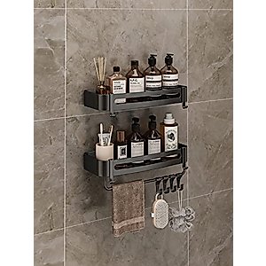 QWWSS Shower Caddy, Non-Marking self-Adhesive Shower with Removable 4 hooksframebathroom Must Haves，SUS304 Black Shower Organizer,Kitchen Spice rack-2-pack