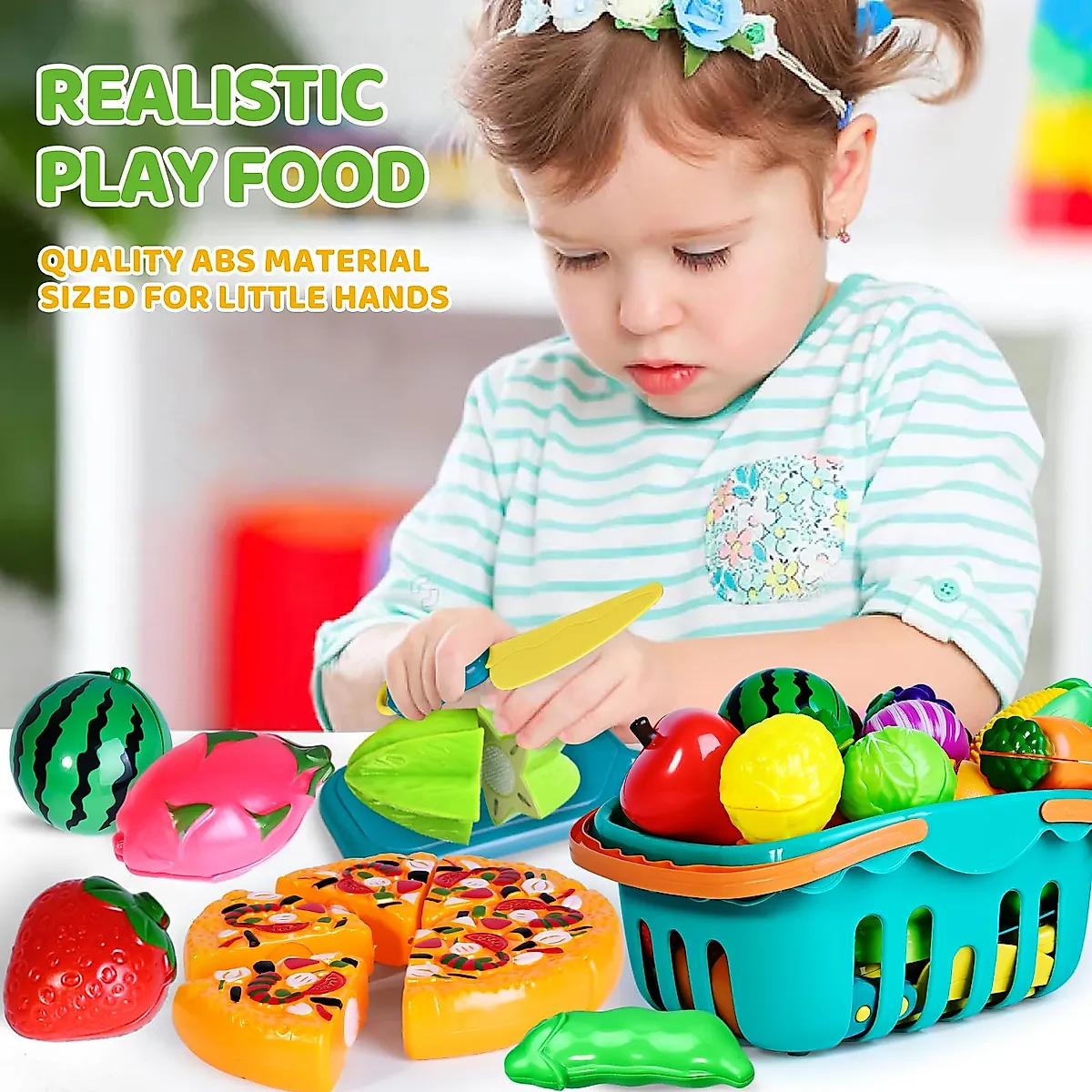 100 PCS Cutting Play Food Toy for Kids Kitchen, Pretend Food Toys for Toddlers, Play Kitchen Toys Accessories with 2 Baskets, Fake Food/Fruit/Vegetable, Birthday Gifts for 3 4 5 Years old Boys Girls