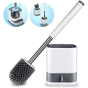 Toilet Brush and Holder Set, Bathroom Toilet Bowl Brush and Caddy Cleaner Anti Slip with Sturdy Soft Silicone Bristle Removable Water Drawer Quick Drying (White)