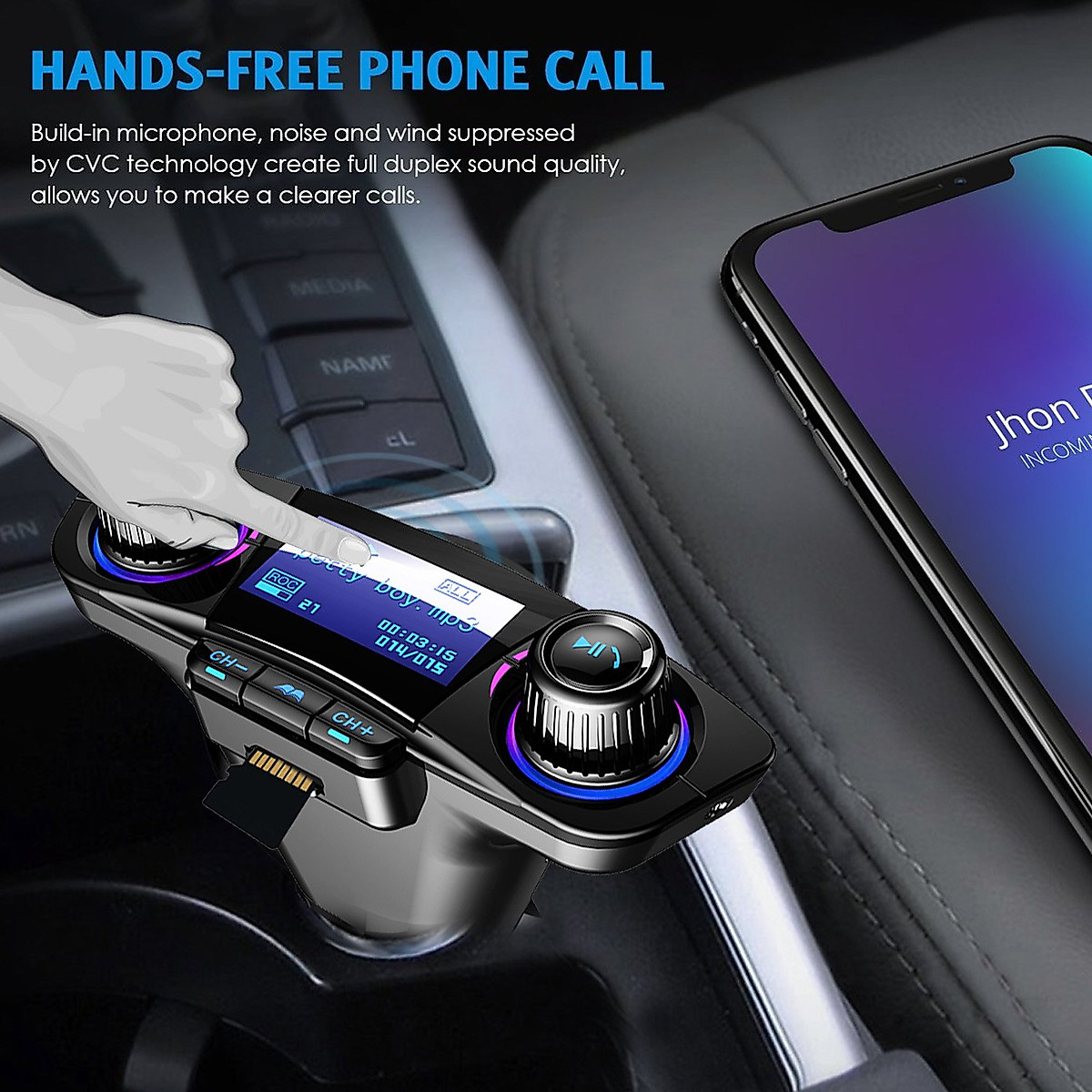 Bluetooth FM Transmitter Handfrees-Calling Radio Adapter Car Kit with Dual USB Port MP3 Player Support TF Card USB Flash Drive
