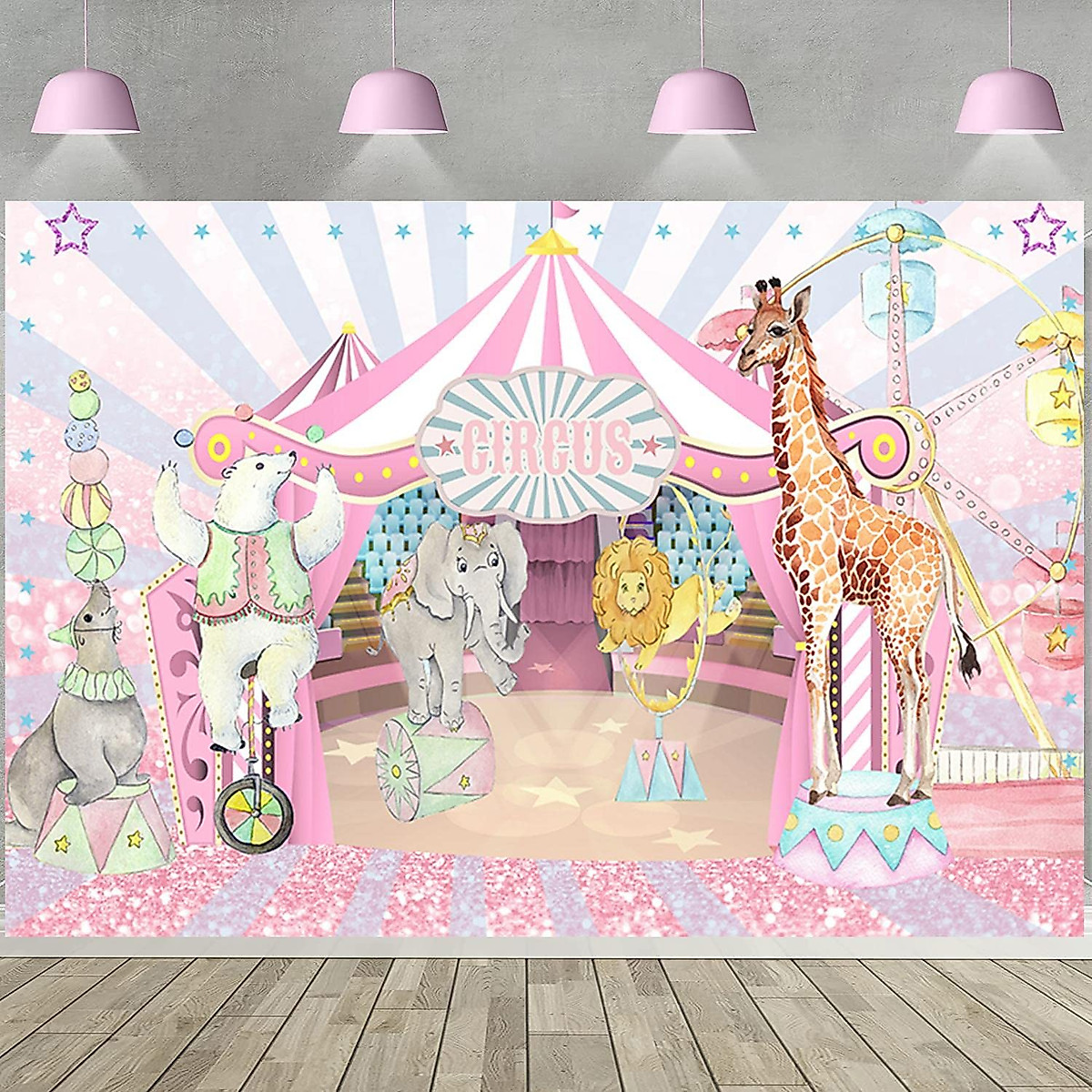 Withu Pink Circus Backdrop Big Top Tent Animals Carnival Kids Girl Birthday Party Dessert Candy Cake Table Decor Baby Shower Banner Photo Photography Background