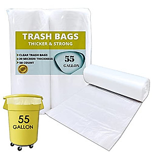 55 Gallon Trash Bags - 50 Count - 38" x 58" Clear Plastic Garbage Bags, Coreless Plastic Garbage Bags Perfect for Commercial Waste Indoor and Outdoor Useor Recycling Bins