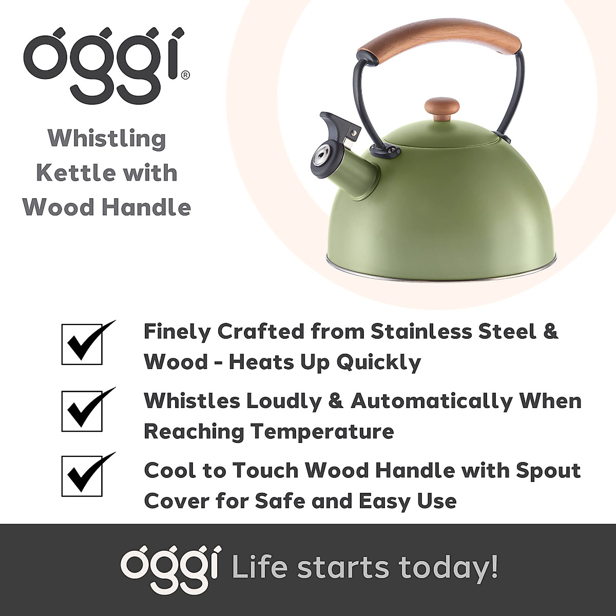OGGI Tea Kettle for Stove Top - 85oz / 2.5lt, Stainless Steel Kettle with Loud Whistle & Stay-Cool Wood Handle, Ideal Hot Water Kettle and Water Boiler - Green