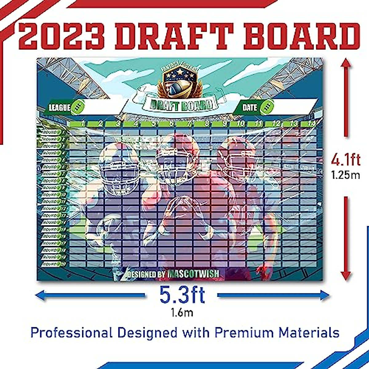 Extra Large Fantasy Football Draft Board 2023-2024 Kit - 640 Player Stickers - Color Edition[14 Teams 20 Rounds]