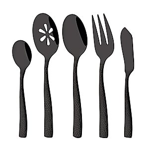 Uniturcky Serving Utensils Set, 5-Piece 18/8 Stainless Steel Hostess Serving Set, Elegant Hammered Serving Utensils for Home Restaurant and Buffet Catering, Heavy and Mirror Polished, Black