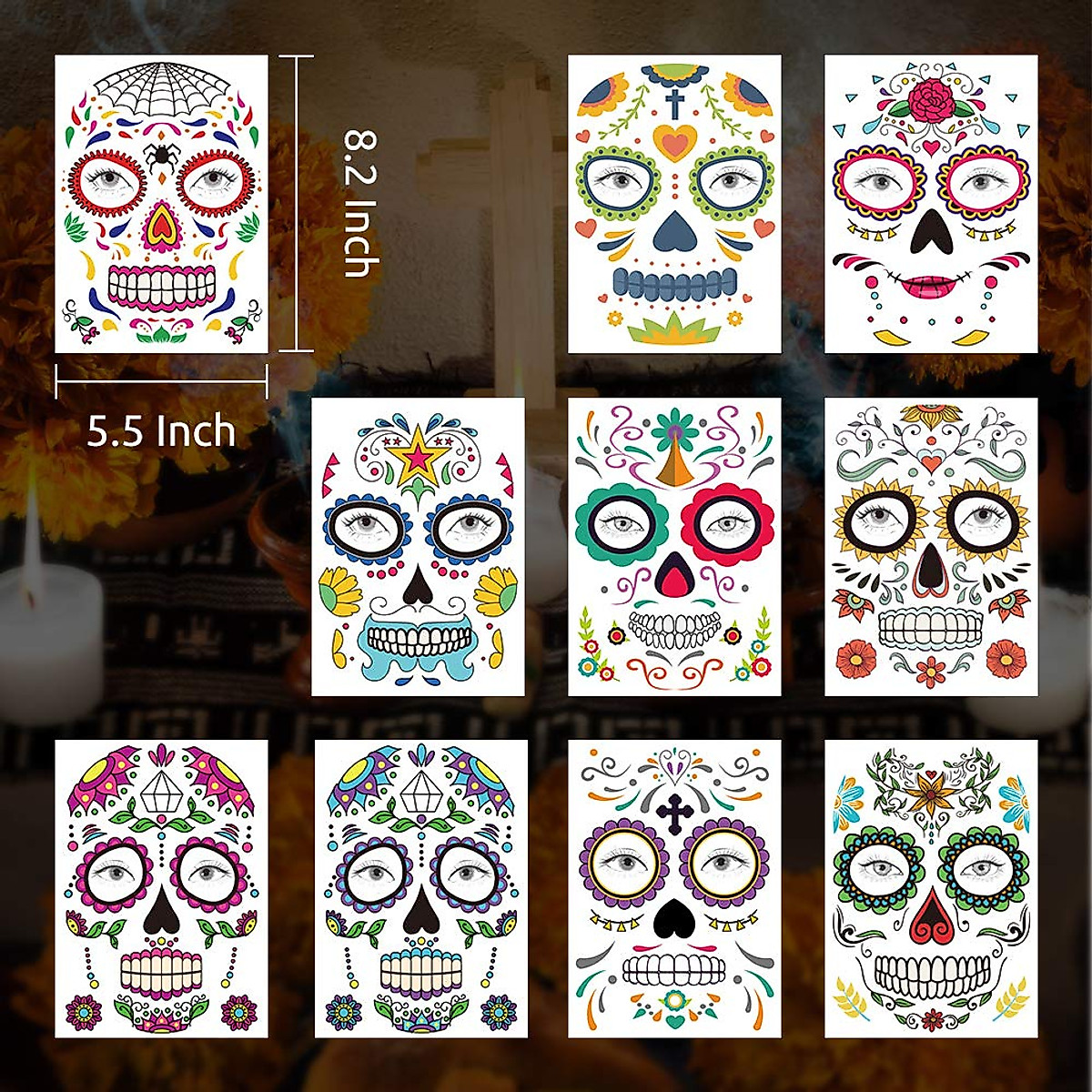 Day of the Dead Face Tattoos, 10 Pack Día de Los Muertos Temporary Face Sticker Kit, Halloween Decorations Sugar Skull Costume Makeup Decor, Glitter Red Roses Skeleton Full Face Mask Tattoos Temporary
