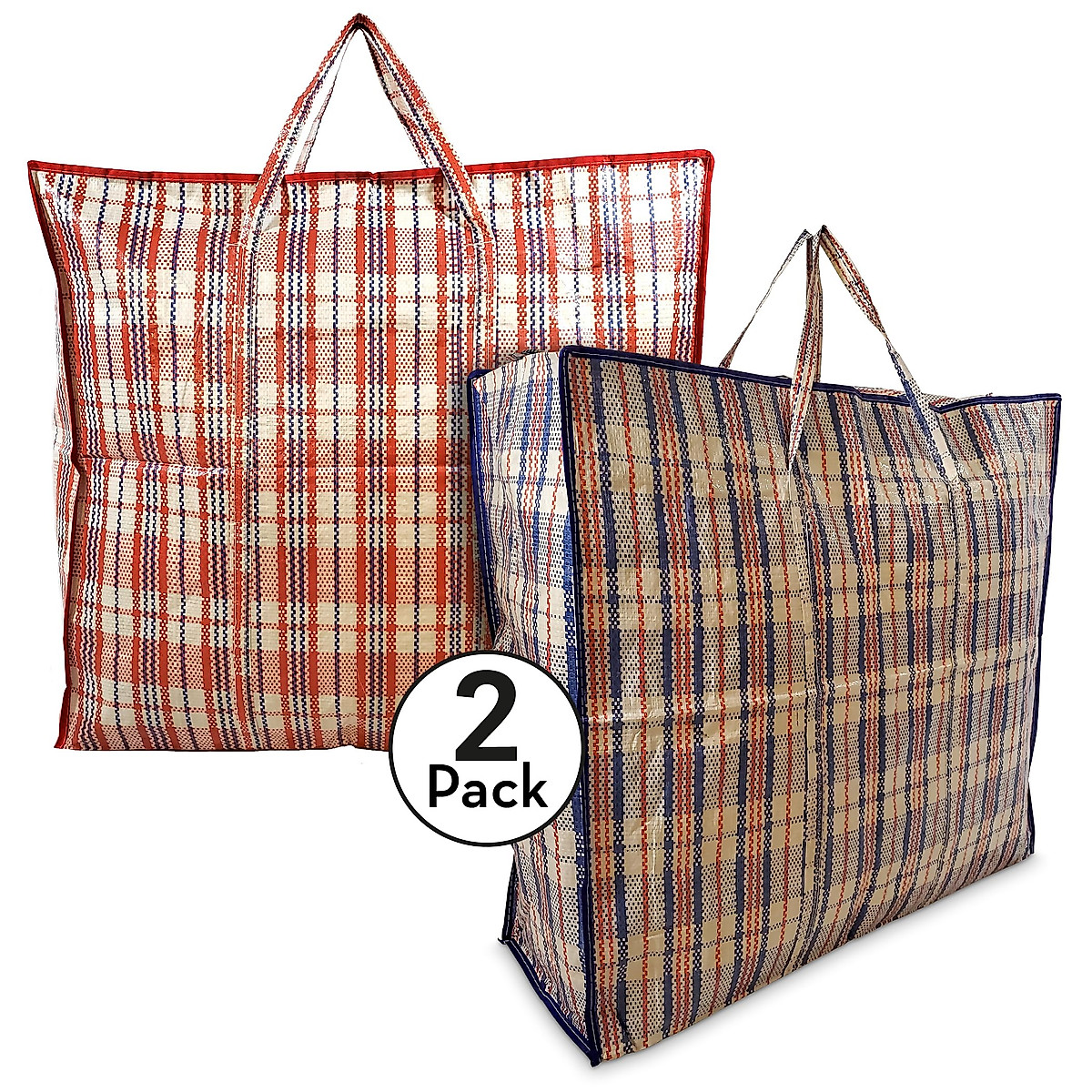 Set of Two Extra Large 23 Inch X 23 Inch X 7 Inch Plaid Storage Laundry Reusable Lightweight Organizing Bag with Zippers and Handles