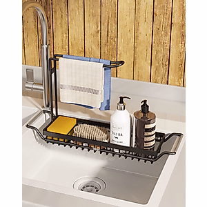 Aouton Sponge Holder for Kitchen Sink, Expandable (16.7"-21.3") Sink Caddy Sink Organizers, Stainless Steel 4-in-1 Dish Sponges Brush Soap Holder with Dishcloth Towel Drying Rack