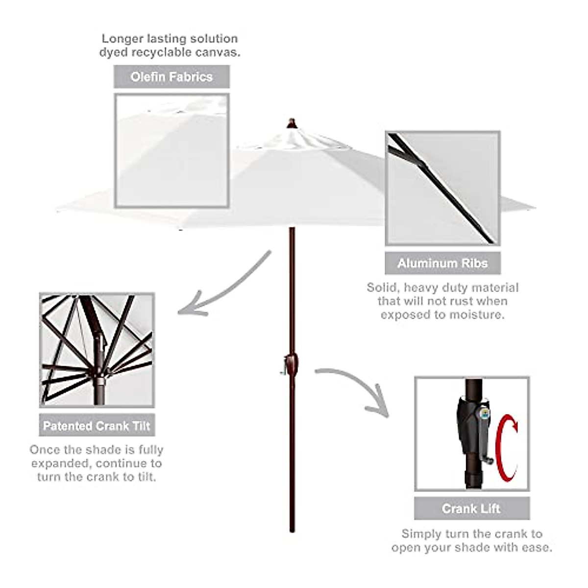 California Umbrella 9' Round Aluminum Market Umbrella, Crank Lift, Auto Tilt, Bronze Pole, White Olefin
