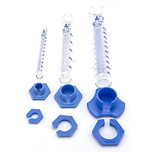 EISCO Graduated Cylinder Set, Class B - 10mL, 50mL & 100mL - Detachable, Plastic Hexagonal Bases & Protective Collars - Blue Graduations - Borosilicate Glass