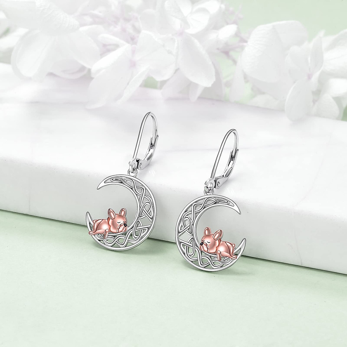 VONALA French Bulldog Dangle Earrings 925 Sterling Silver Celtic Knot Moon Leverback Earrings Dog Jewelry Birthday Gifts for Women