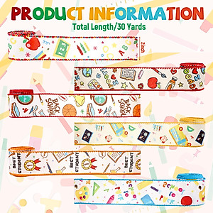 Tigeen 6 Rolls 30 Yards Back to School Wired Ribbon School Themed Fabric Decorative Craft Ribbon for Classroom Craft Gift Wrapping Hair Bow Sewing Wreath
