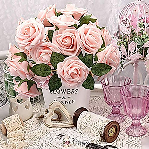 Mocoosy 50pcs Artificial Rose Flowers, Pink Roses Blush Real Touch Foam Fake Rose Bulk with Stem for Wedding Bouquets Centerpieces Wedding Shower Party Home DIY Decoration