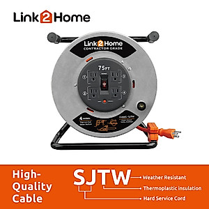 Link2Home Contractor Grade Retractable Extension Cord Reel 75 Ft. With 4 Outlets & Heavy Duty/High Visibility 3-Prong SJTW Cord