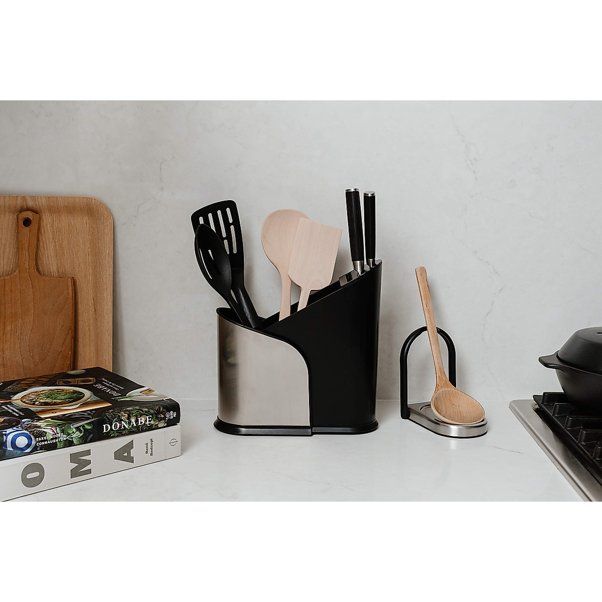 Umbra Furlo, Expandable Kitchen Utensil Holder, Multi-Functional Caddy Organizer with Divider and Extra Storage, Ideal for Keeping Knives and other Utensils Instantly Accessible, Black/Stainless Steel