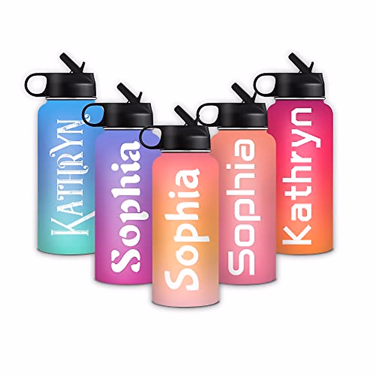 Personalized Insulated Water Bottle with Straw, Christmas Birthday Gift for Kids Women Men, Custom Stainless Steel Thermoses Cup with Name or Text, Gradient, 32OZ