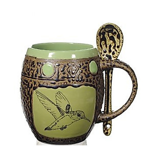 ALWAYS AZUL POTTERY Hummingbird Mug with Spoon in Avocado Green - Handmade Ceramic Coffee Mug - Stylish and Unique Handcrafted Artistic Drinkware - Polished Clay Cups, Great for Coffee, Tea, & More