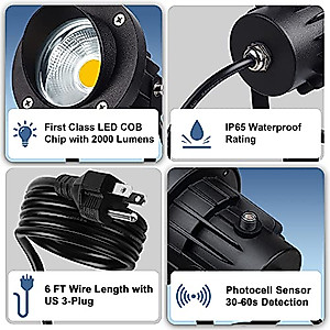SUNVIE 20W Outdoor Landscape Spotlights 120V Waterproof Dusk to Dawn Spot Lights Outdoor 3000K LED Spotlight with Photocell Sensor Landscape Lighting for Yard Flag Tree Garden Decor 6 FT US 3-Plug in