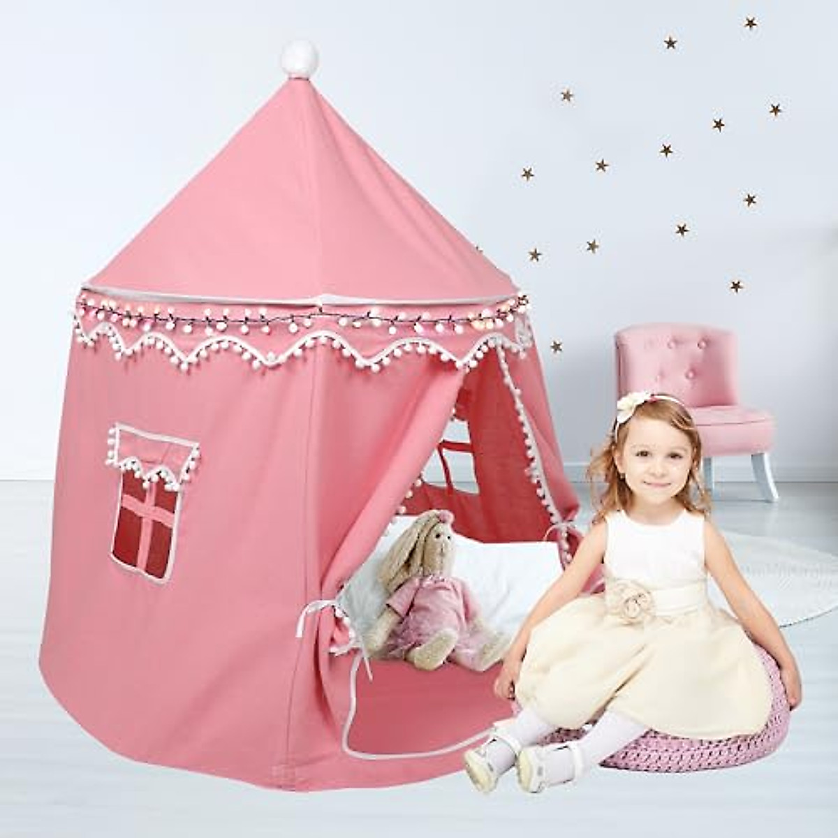 Neatki 43" x 43" x 51" Kids' Indoor Playhouse with Mat, Collapsible and Portable Princess Castle Tent, Ideal for Room Furniture (Pink)