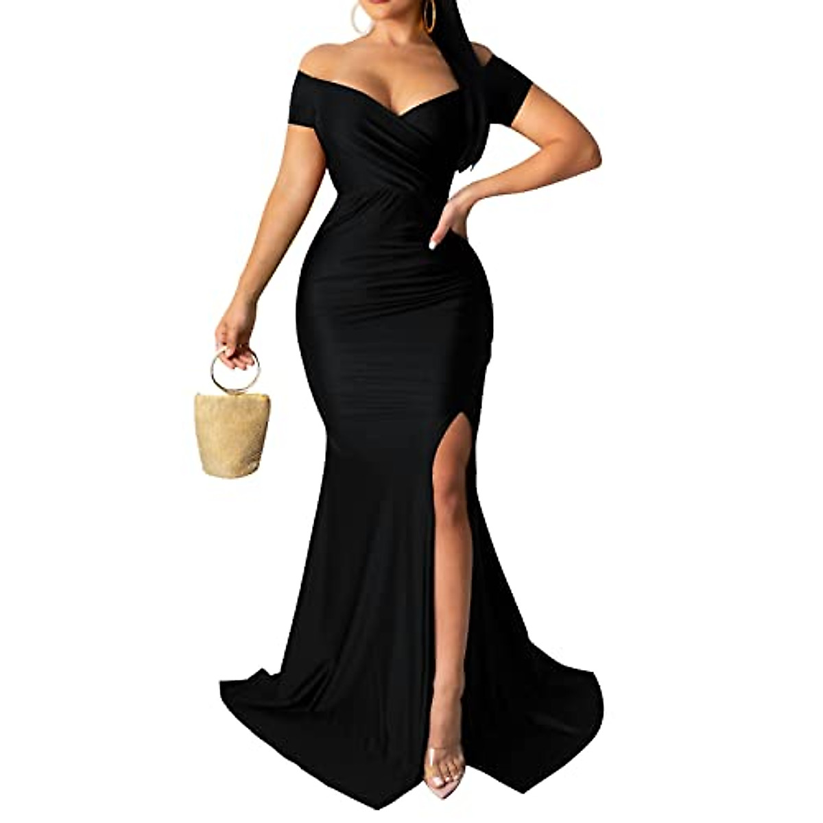Uni Clau Women's Sexy Off Shoulder Dress High Split Short Sleeve Evening Long Bodycon Maxi Dress V Neck Cocktail Party Club Gown Black 2XL