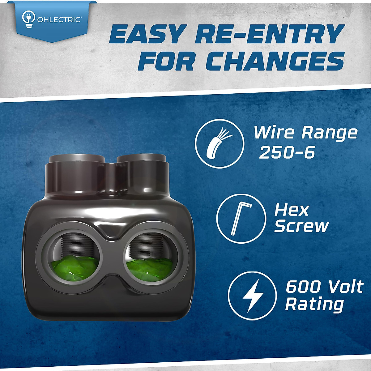 OHLECTRIC Dual Side Entry - 2 Port - 250-6 AWG - Black Insulated Connector - 5/16 Allen Hex - Pre-Filled with Oxide Inhibitor - Rubber/Vinyl Coating, 6061-T6 Aluminum CU9AL