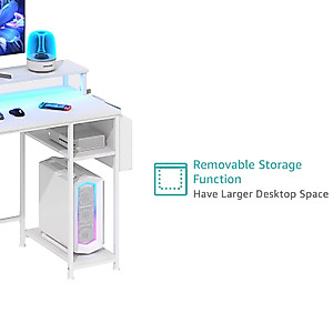 Lufeiya White Computer Desk with File Drawers Cabinet, 55 Inch Home Office Desk with Monitor Stand Shelves, Writing Study Gaming Desks with Led Lights and Power Outlets for Bedroom, White