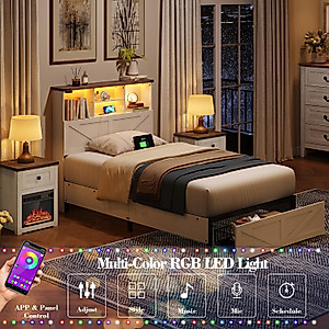 ROCHECASA Twin Bed Frame with Bookshelf, Bookcase High Headboard with Charging Station and LED Light, Farmhouse Bed with Storage Drawers, No Box Spring Needed, Noise Free, Easy Assembly, White