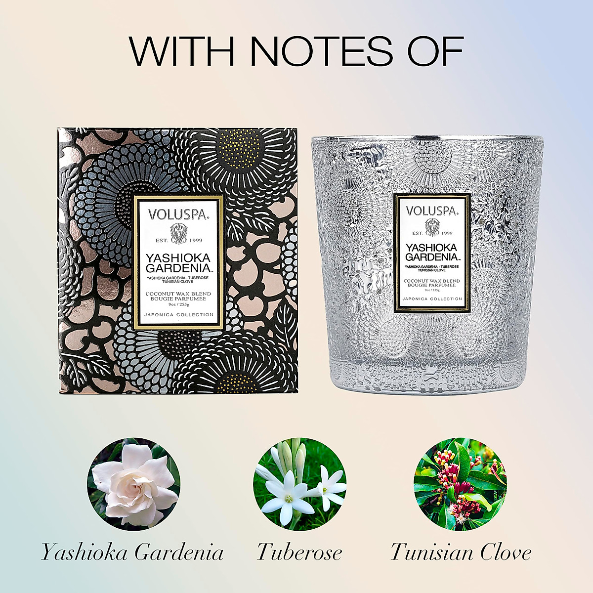 Voluspa Yashioka Gardenia, Classic Boxed Candle, 9 Ounce, 60 Hour Burn Time, All Natural Wicks and Coconut Wax for Clean Burning, Vegan, Poured in The USA