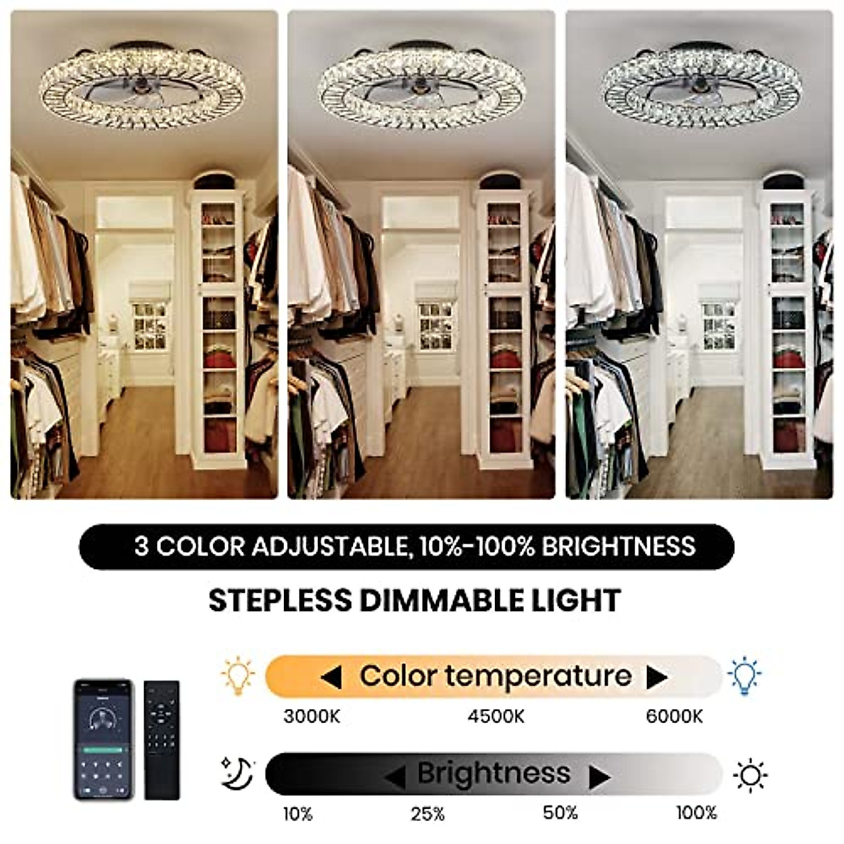 7PM Flush Mount Ceiling Fan with Light, 22" Modern Crystal Chandelier Ceiling Fan with 30W Stepless Dimmable LED Smart 4-Light Color Change and 6 Speeds, Low Profile Ceiling Fan for Bedroom, White