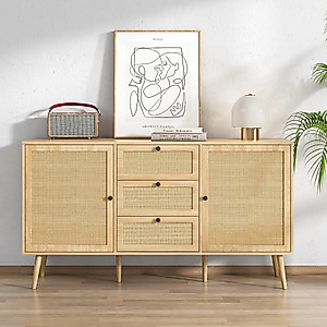 Rattan Sideboard Buffets Cabinet Farmhouse Boho Buffet Sideboard with 3 Drawers and 2 Doors Storage Cabinet Adjustable Shelves Console Table Cupboard Accent Cabinet for Living Room Kitchen