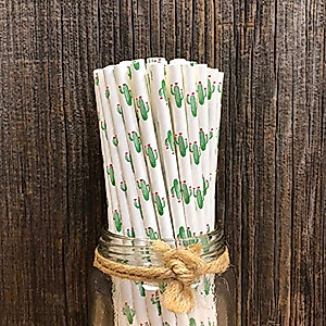 Cactus Themed Paper Straws - Green White Succulents - 50 Pack
