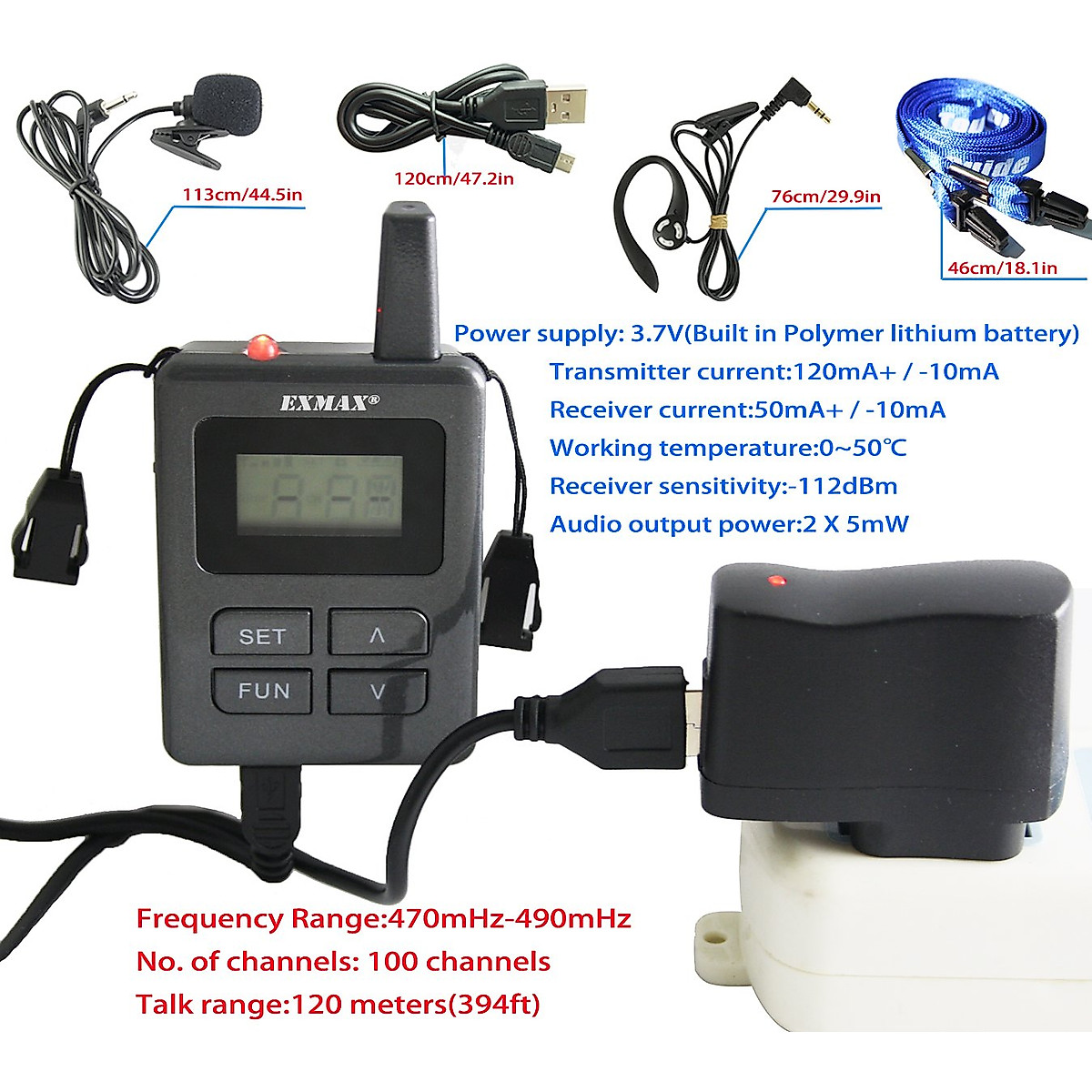 EXMAX ELGT-470 Wireless Tour Guide/Monitoring Audio System 100 Channels Groups for Tourism,Conference,Training,Church,Outdoor Scenic Spots(2 Transmitters & 30 Receivers with 32-slot Charging Case)