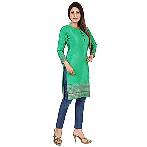 Indian Kurtas for Women Silk Long Kurti Tunic Party Wear Top (Green, 4XL)