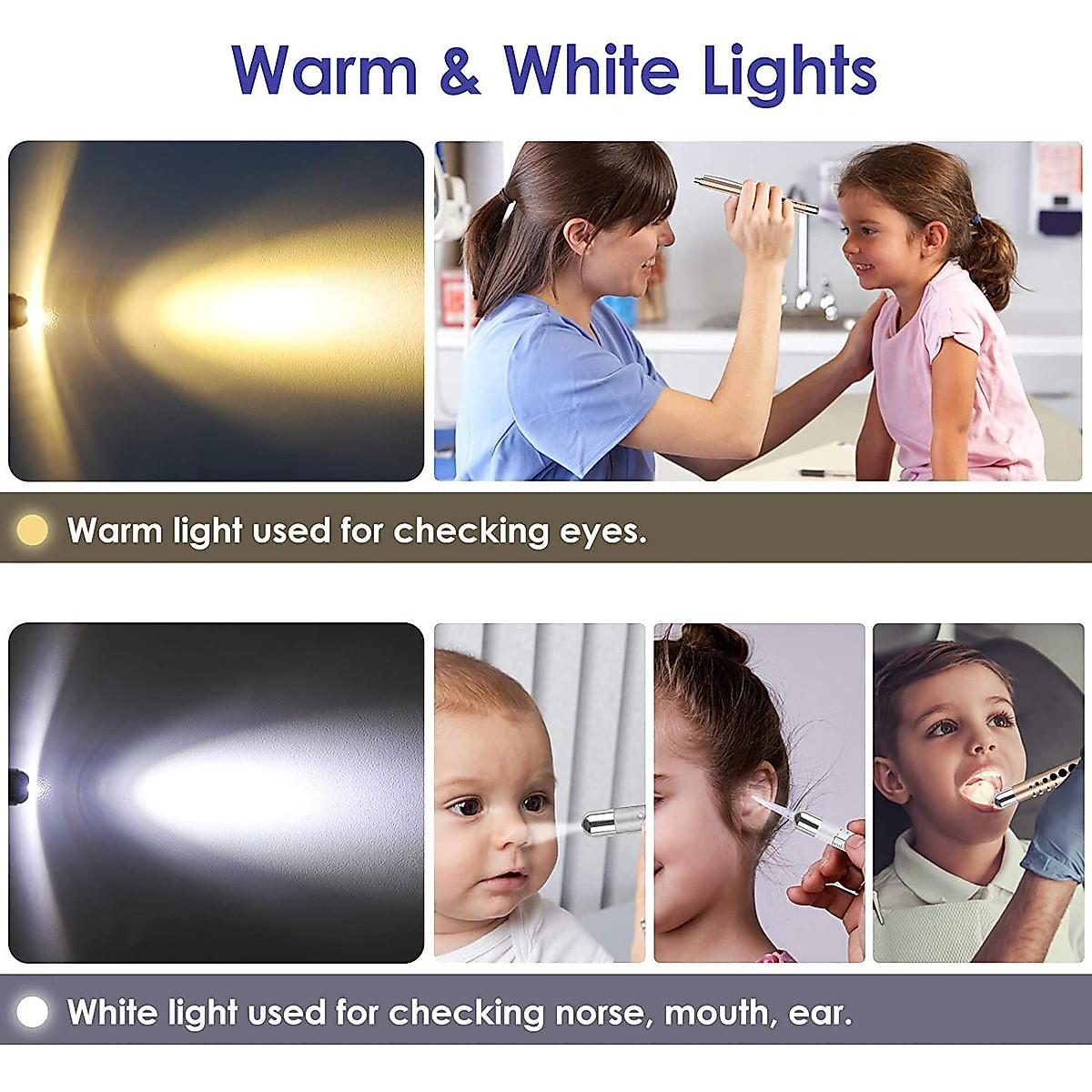 CAVN Pen Light for Nurses Medical with Pupil Gauge, Warm/White Light, Premium Aluminium Reusable Penlights for Doctors Nursing Students Rose Gold and White